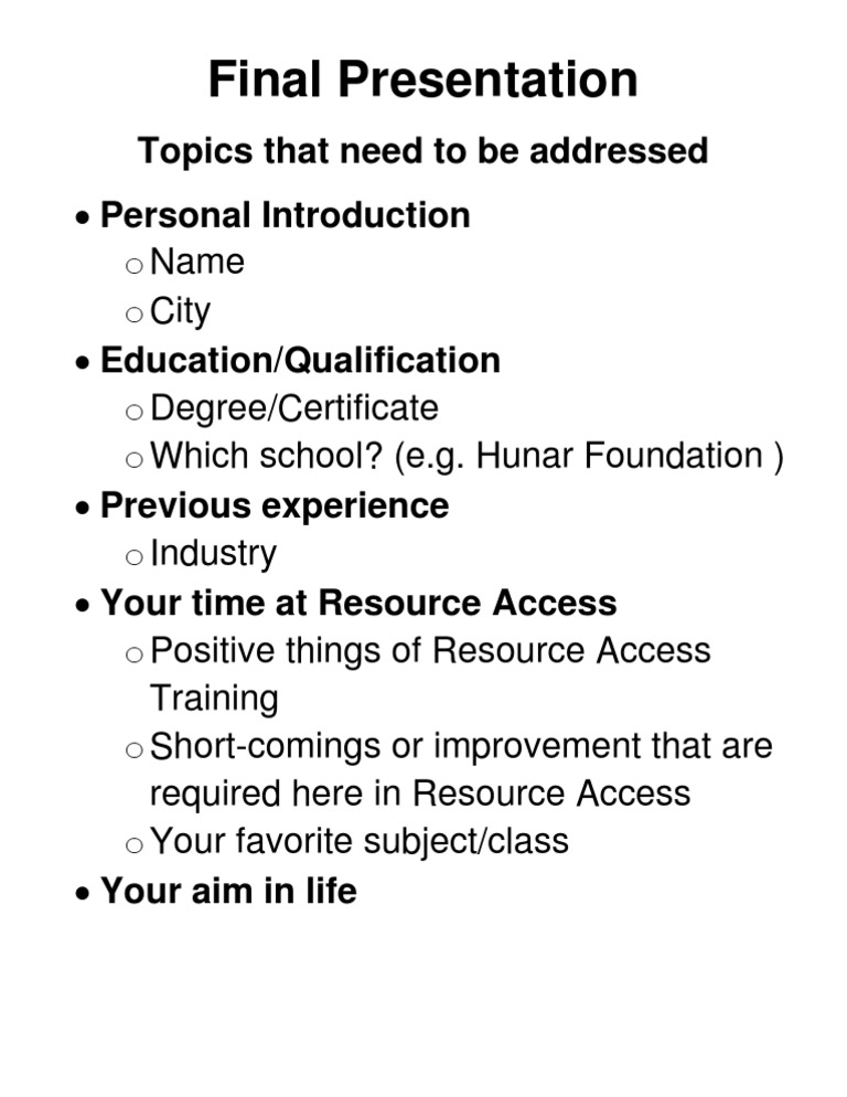 Final Presentation Outline and Topics | PDF | Career & Growth