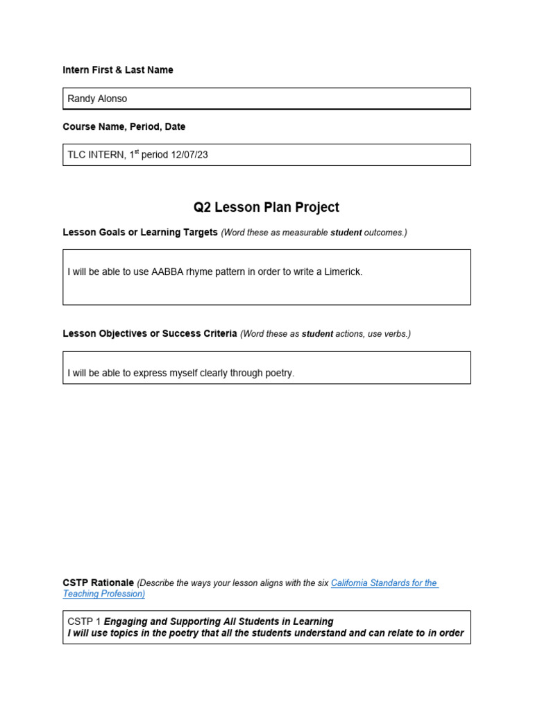 q2 CSTP Lesson Plan Template 2 | PDF | Lesson Plan | Learning