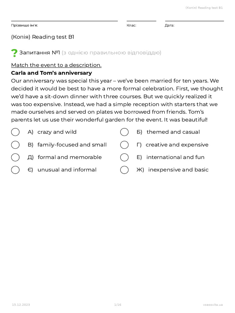 Reading Test b1 | PDF
