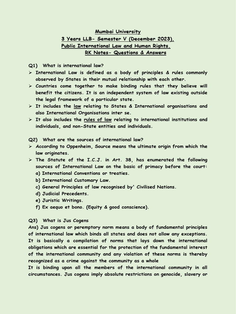 Questions and Answers Public Int Law and Human Rights RK Notes ...