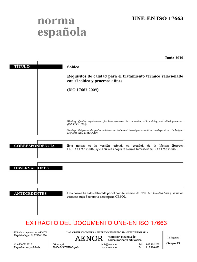 (Ex) Une-En Iso 17663 2010 | PDF | Tratamiento a base de calor | Rieles