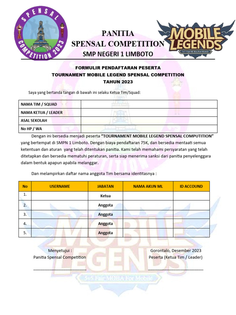 FORMULIR PENDAFTARAN MOBILE LEGEND | PDF FORMULIR PENDAFTARAN MOBILE LEGEND | PDF