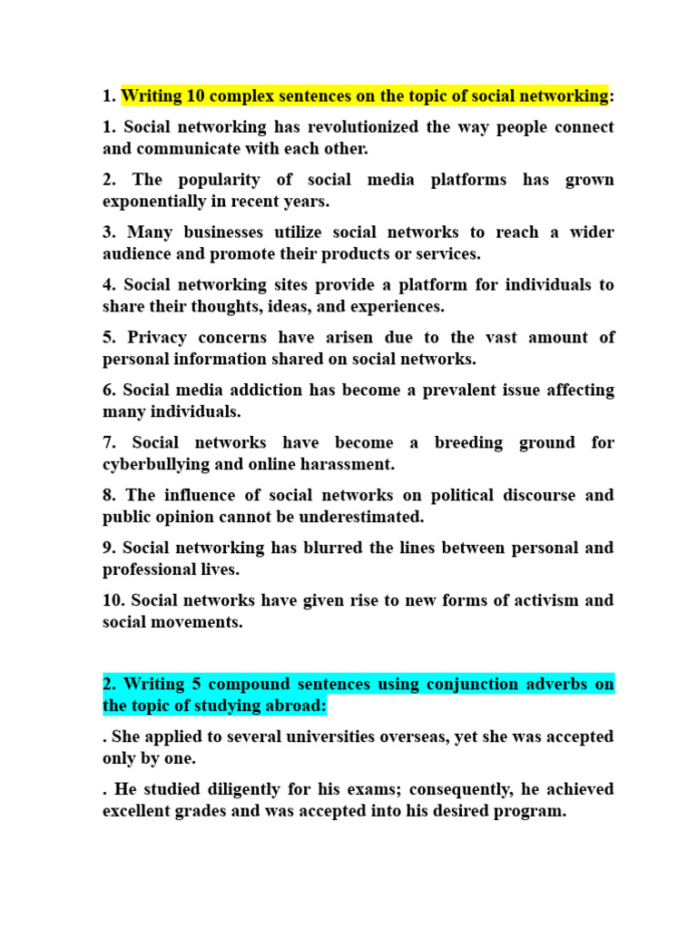 Writing 10 Complex Sentences of The Topic Using A Social Network | PDF ...