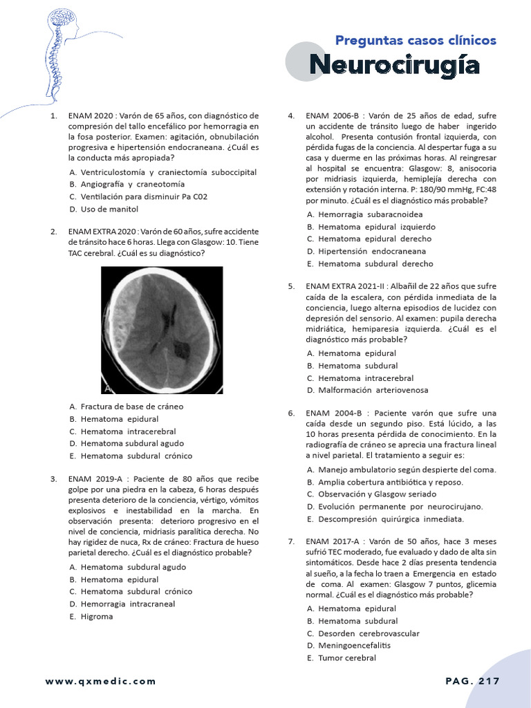 Neurocirugía - Banco de Preguntas - Caso Clínico - Sin Claves | PDF | Dolor de cabeza | Rodilla