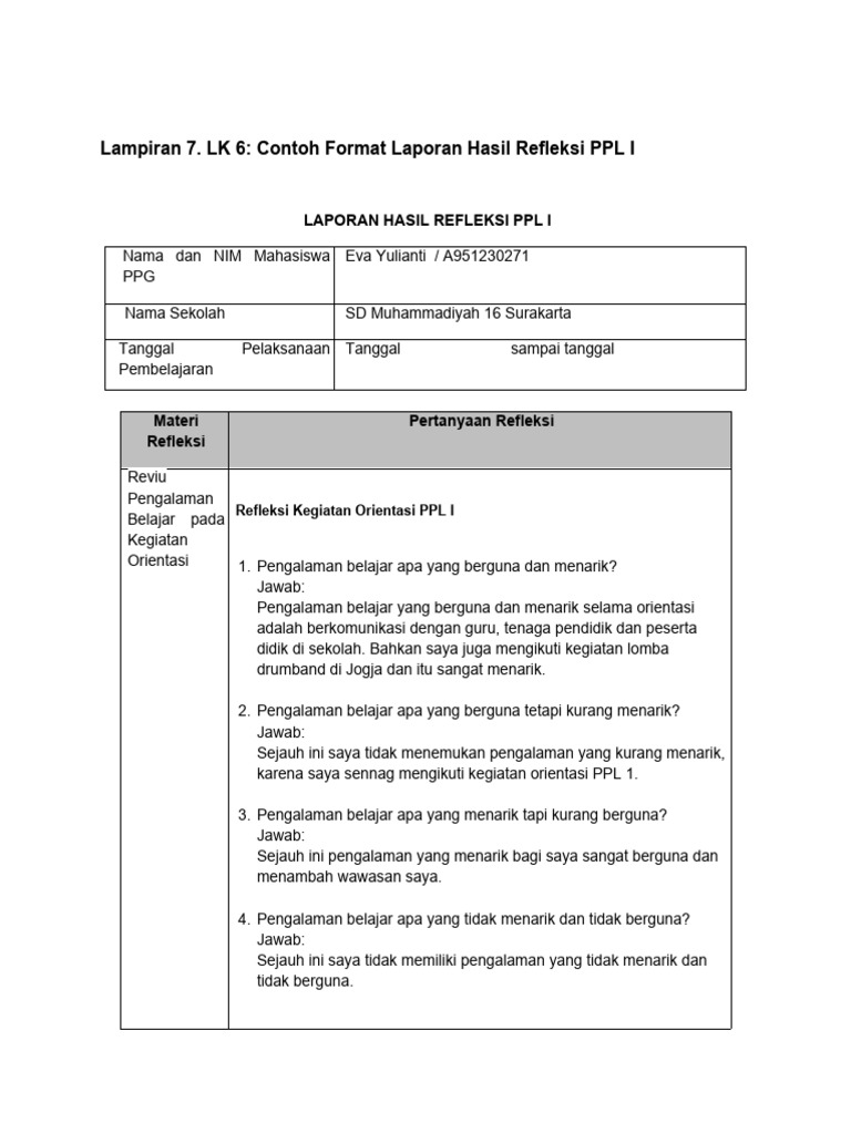 Lampiran 7. LK 6 Contoh Format Laporan Hasil Refleksi PPL I | PDF