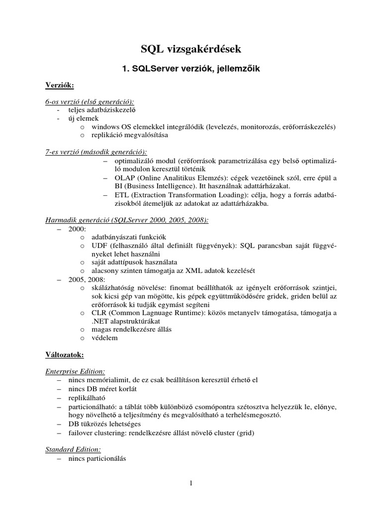 SQL Vizsgakérdések. 1. SQLServer Verziók, Jellemzőik | PDF