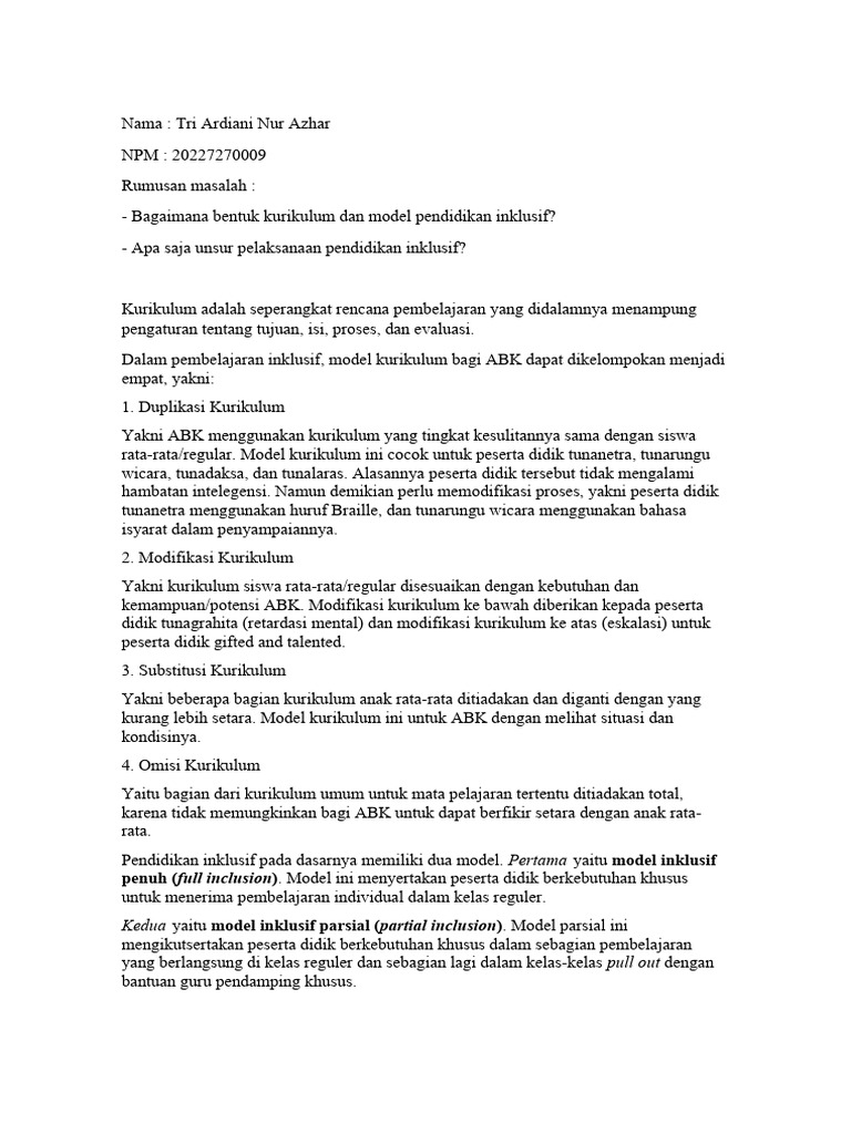 Bentuk, Model Dan Unsur Pendidikan Inklusif | PDF
