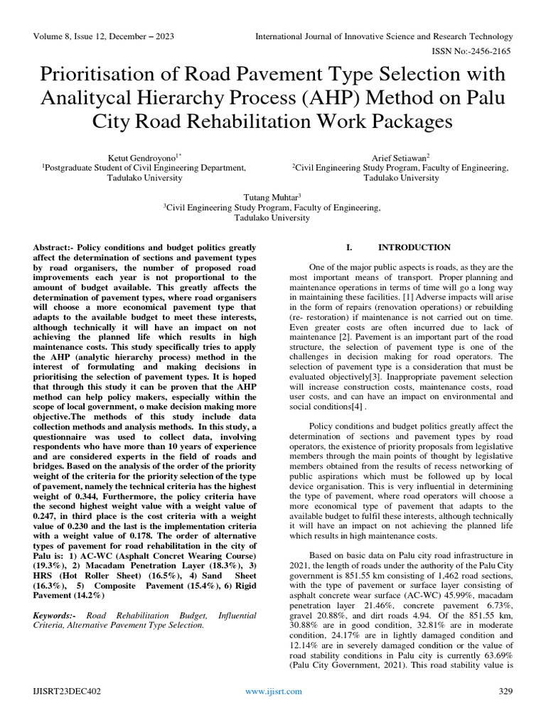 AHP Method for Pavement Selection in Palu | PDF