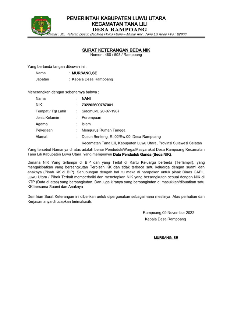 Surat Keterangan Beda Nik | PDF