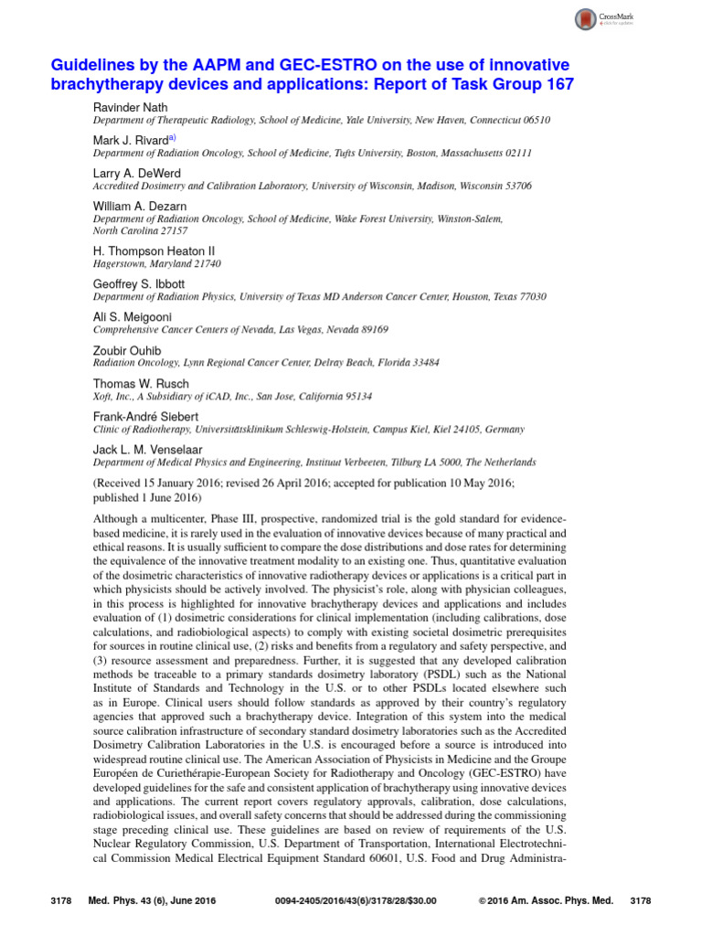 AAPM-GEC-ESTRO Brachytherapy Guidelines | PDF | Dosimetry | Radiation ...
