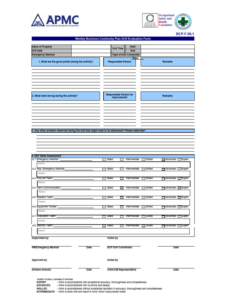 BCP-F-06.1 Weekly EBT Drill Form | PDF | Safety