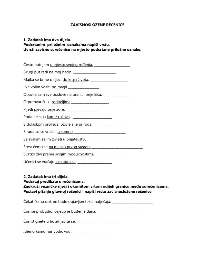 Zavisnoslozene Recenice (Prilozne) + Rjesenja | PDF