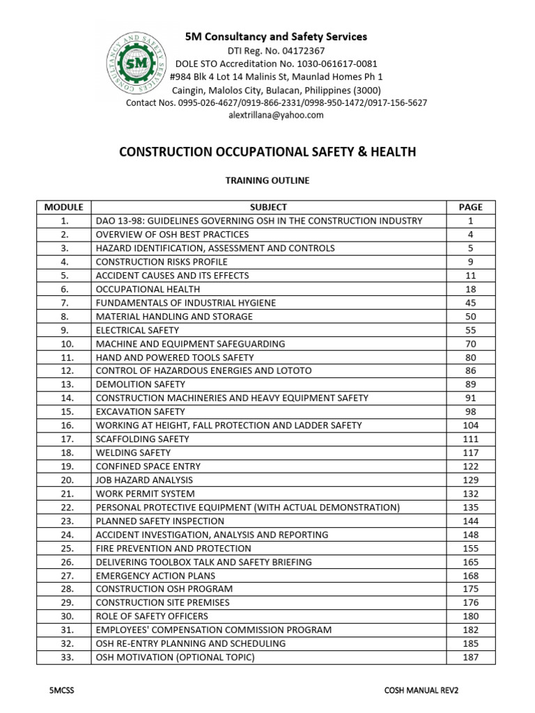 02 COSH TABLE OF CONTENT Rev2.1 | PDF | Occupational Safety And Health ...