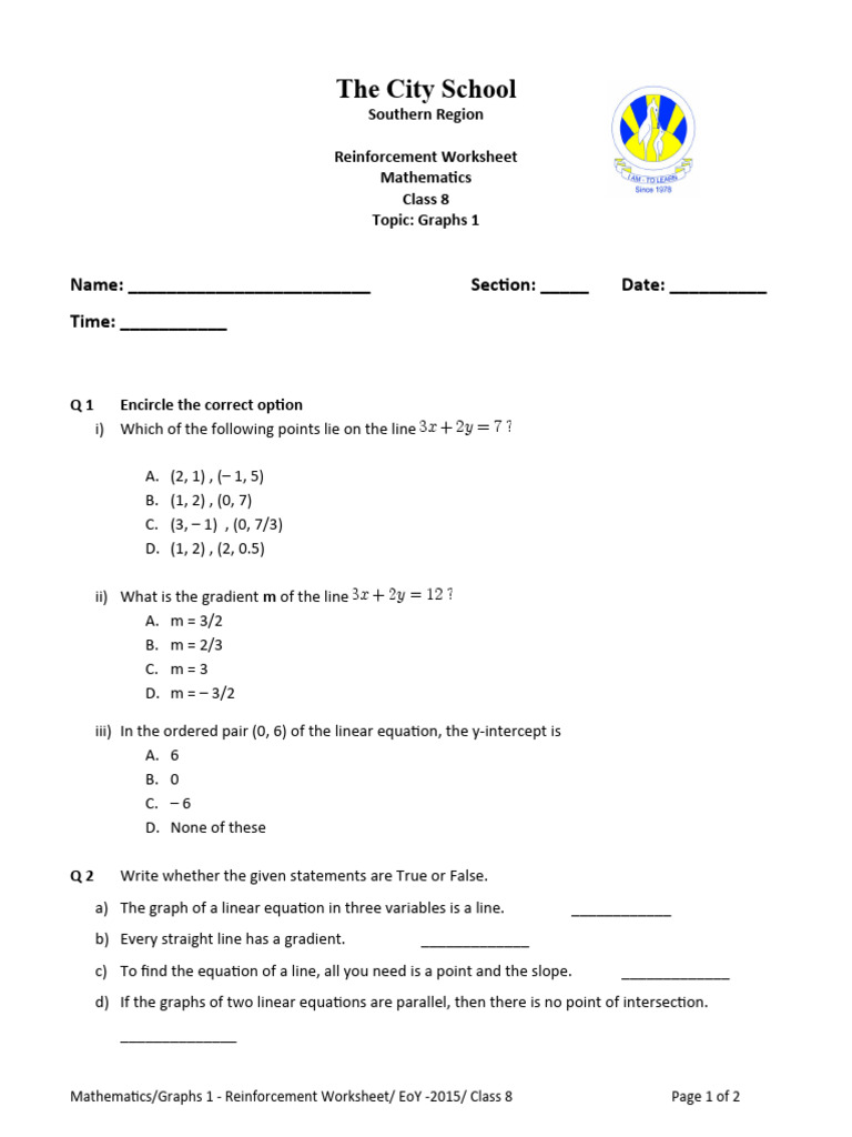 Class 8 1 Reinforcement Worksheet Graphs 1 | PDF