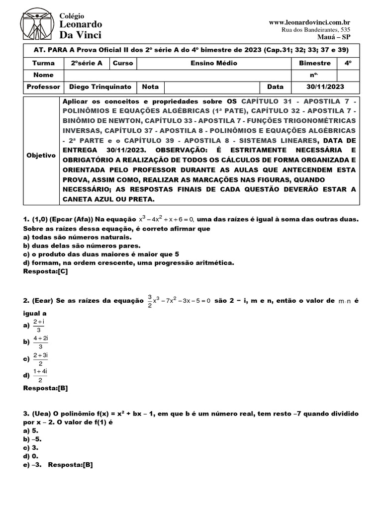 At. PARA A Prova Oficial II Dos 2º Série A Do 4º Bimestre de 2023 (Cap.31 32 33 37 e 39) | PDF ...