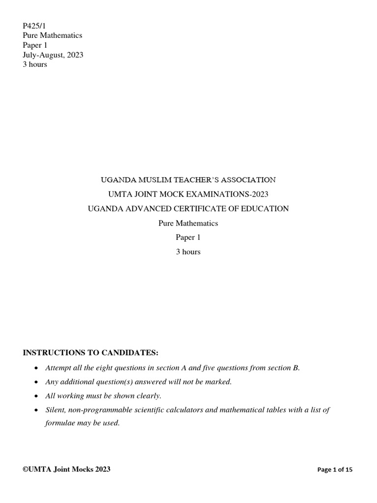Umta Math 1 A Level 2023 | PDF | Mathematics | Mathematical Analysis