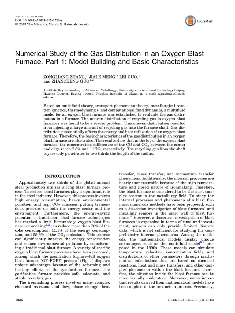 Numerical Study of The Gas Distribution in An Oxygen Blast Furnace. Part 1: Model Building and ...