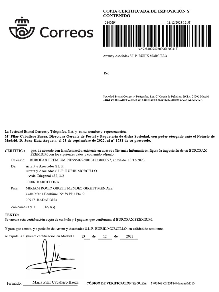 Burofax Comprobante de Envio RM | PDF