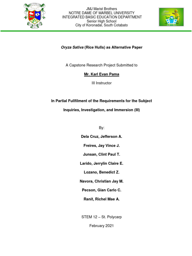 Oryza Sativa Rice Hulls As Alternative Paper Final PDF | PDF | Pulp ...