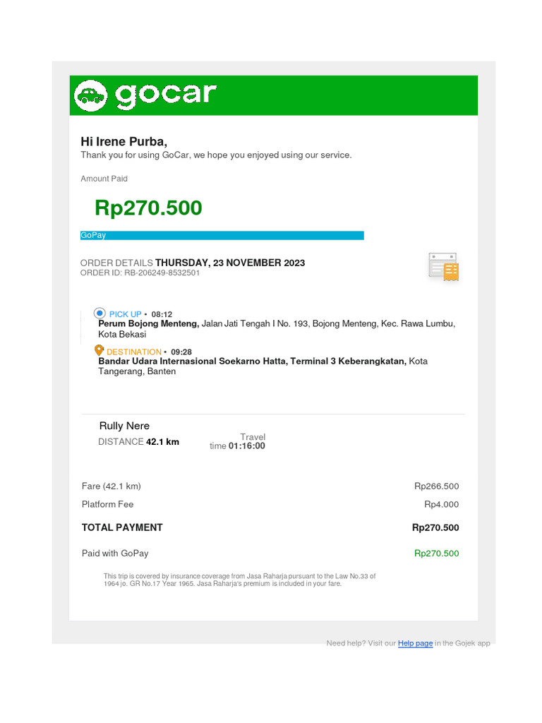 GoCar Receipt - MrIrenePurba (23112023) Berangkat | PDF