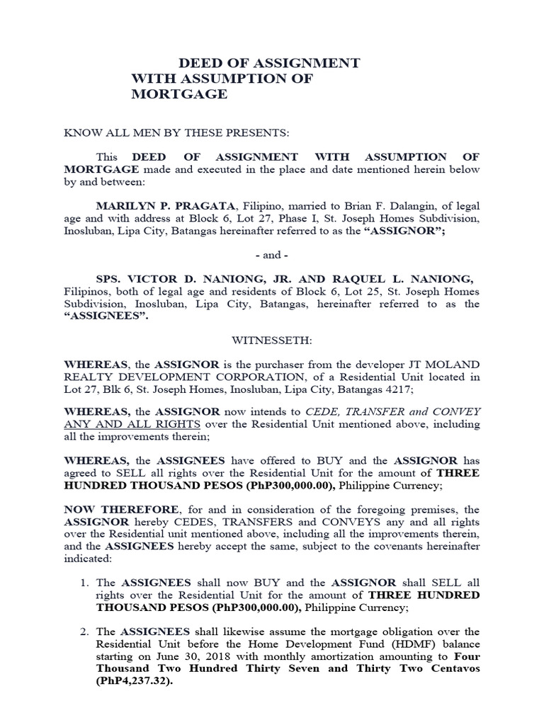 Deed of Assignment and Mortgage Assumption | PDF | Assignment (Law ...