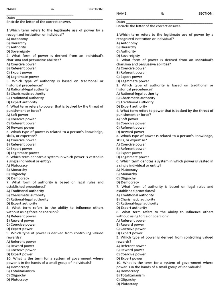 Ucsp Quiz | PDF | Power (Social And Political) | Legitimacy (Political)