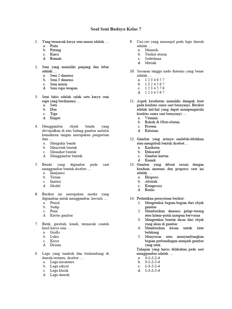 Soal PAS Seni Budaya Kelas 7 | PDF Soal PAS Seni Budaya Kelas 7 | PDF