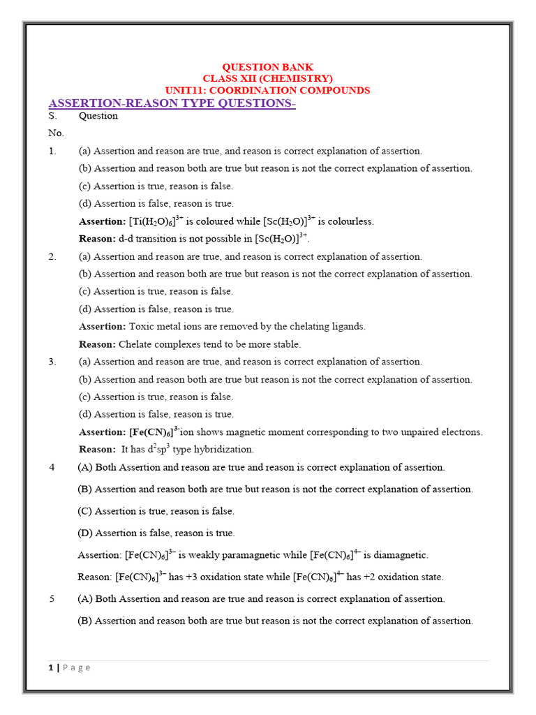 Assertion Reason - Coordination Compounds | PDF | Coordination Complex ...