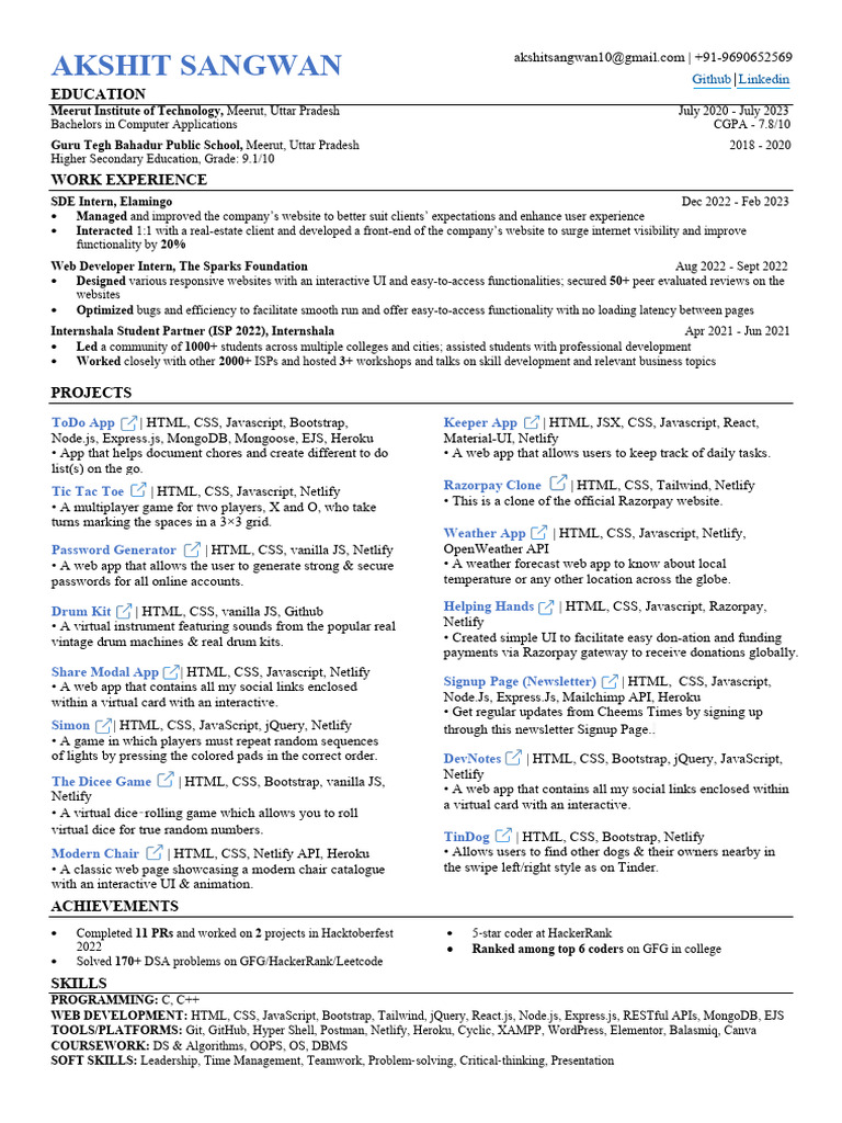 Akshit Sangwan-Resume | PDF | Java Script | Bootstrap (Front End Framework)