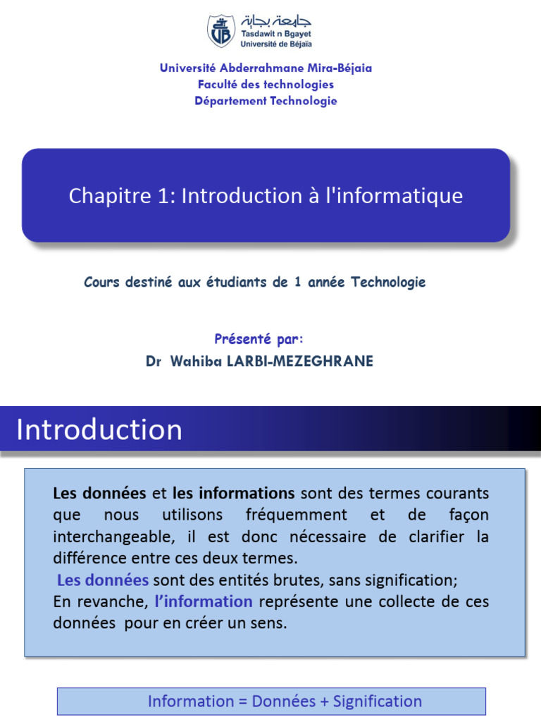 Introduction à l'informatique 1ère année | PDF | Programme informatique ...