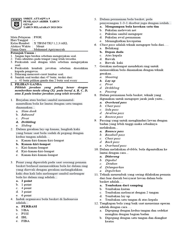 Kisi-Kisi PSAS Pjok X 2023 | PDF | Olahraga & Rekreasi