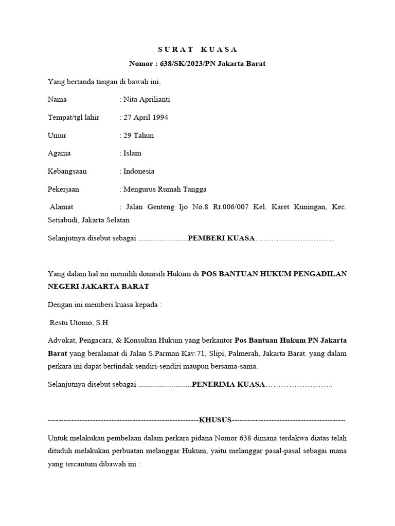 Surat Kuasa Pembelaan Pidana | PDF