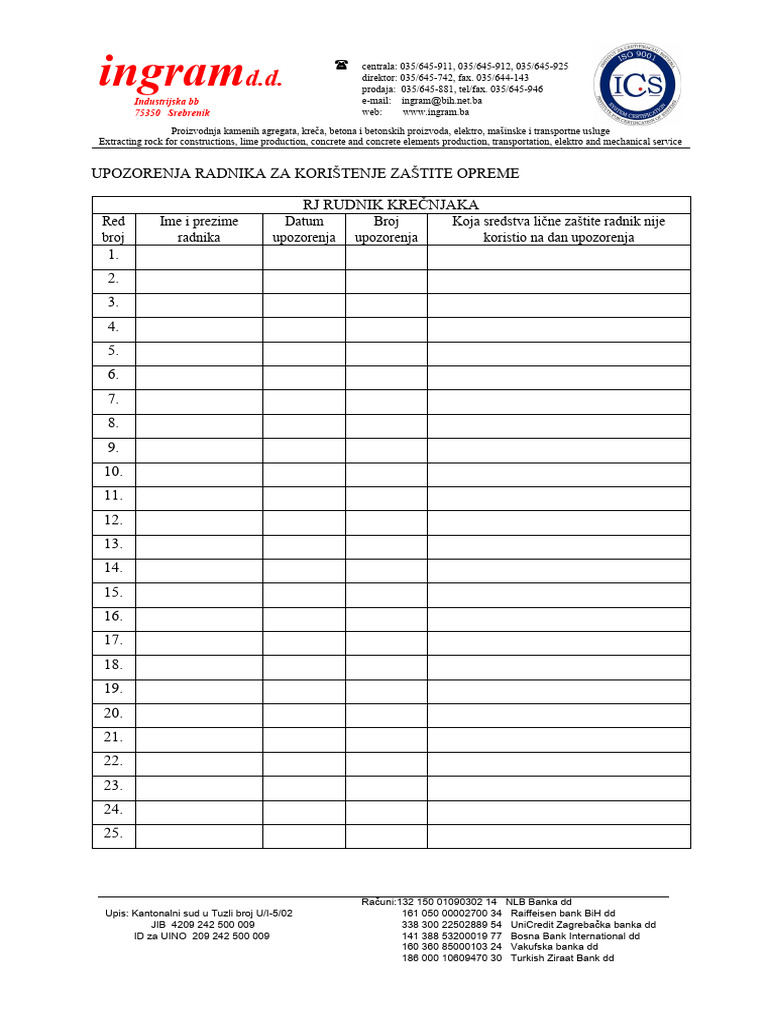 Tabela Za Upozorenja Radnicima Zbog Nenošenja Zaštite Opreme | PDF