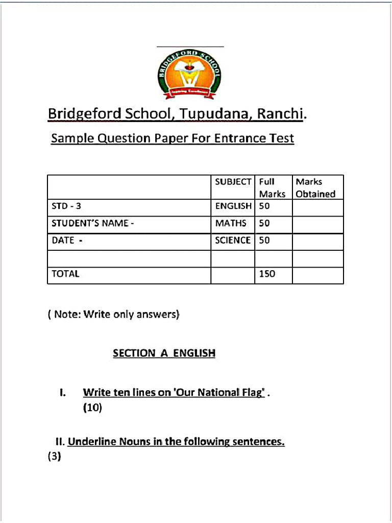 Sample Paper For Entrance Test Class 3 | PDF