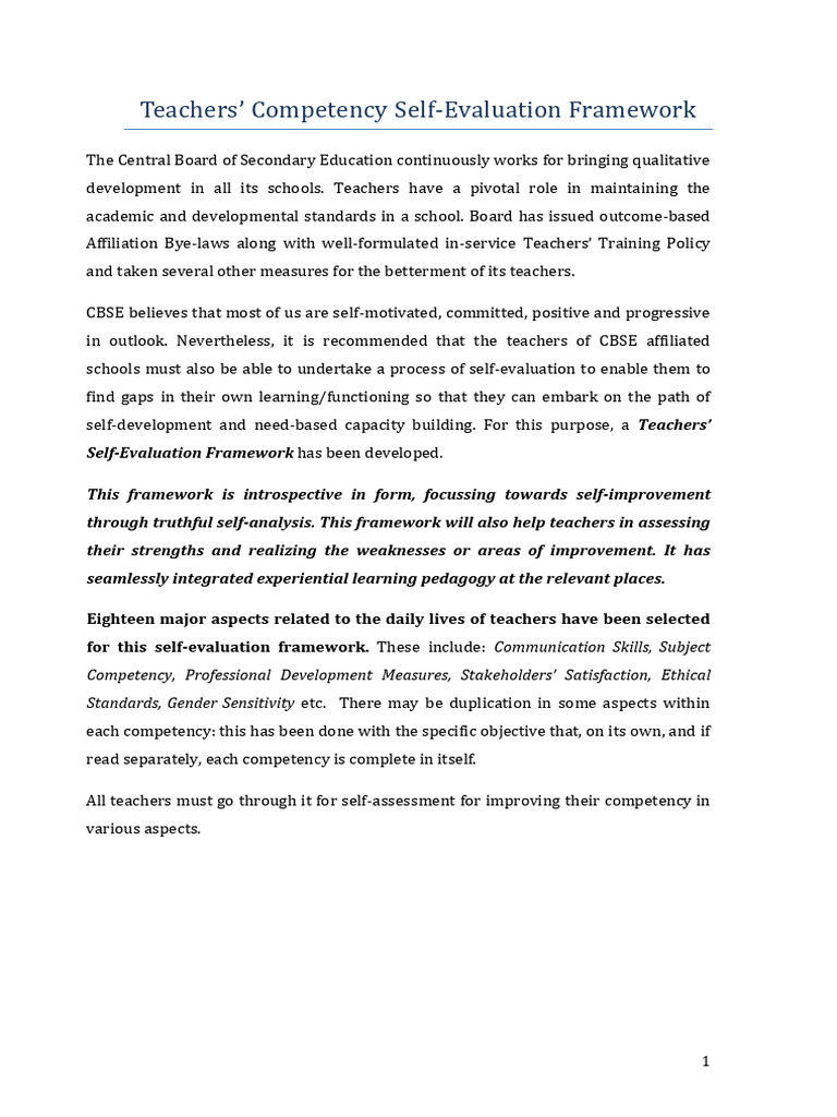 CBSE Teachers' Self-Evaluation Guide | PDF | Learning | Educational ...