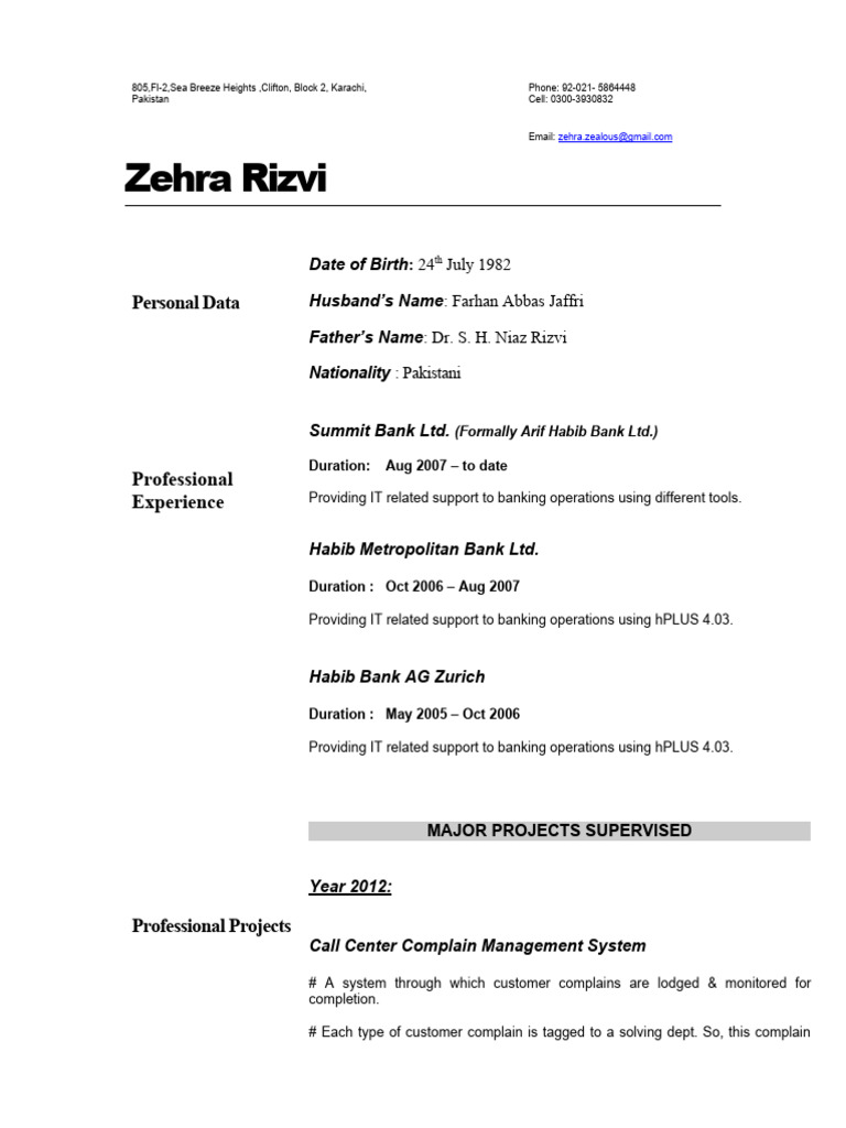 CV Zehra Rizvi | Download Free PDF | Point Of Sale | Automated Teller Machine