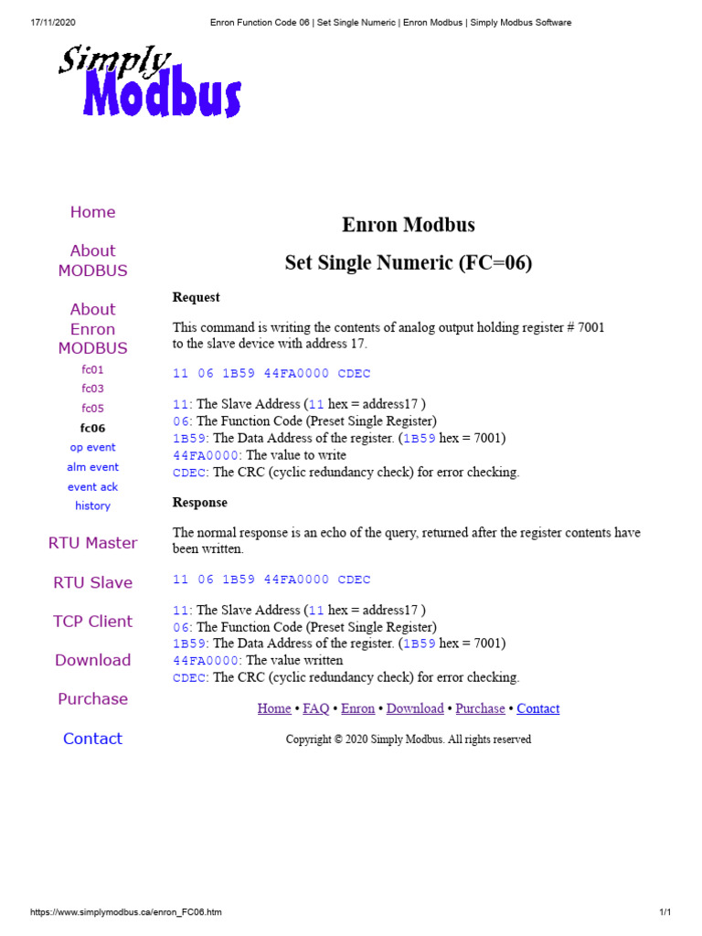 Enron Function Code 06 Set Single Numeric Enron Modbus Simply Modbus Software Pdf 
