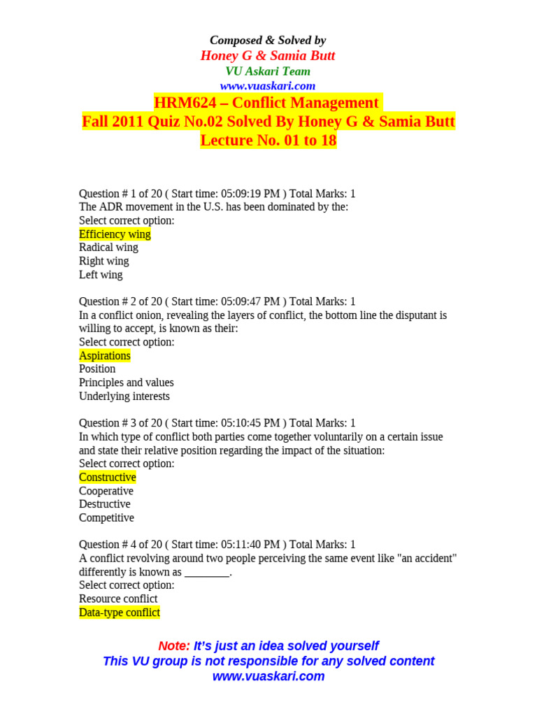 Conflict Management Quiz Solutions | PDF | Alternative Dispute ...