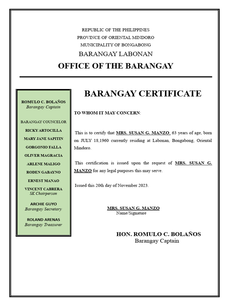Brgy Certificate No Birth | PDF