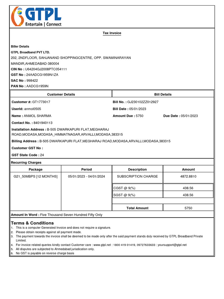GTPL Broadband Tax Invoice Details | PDF