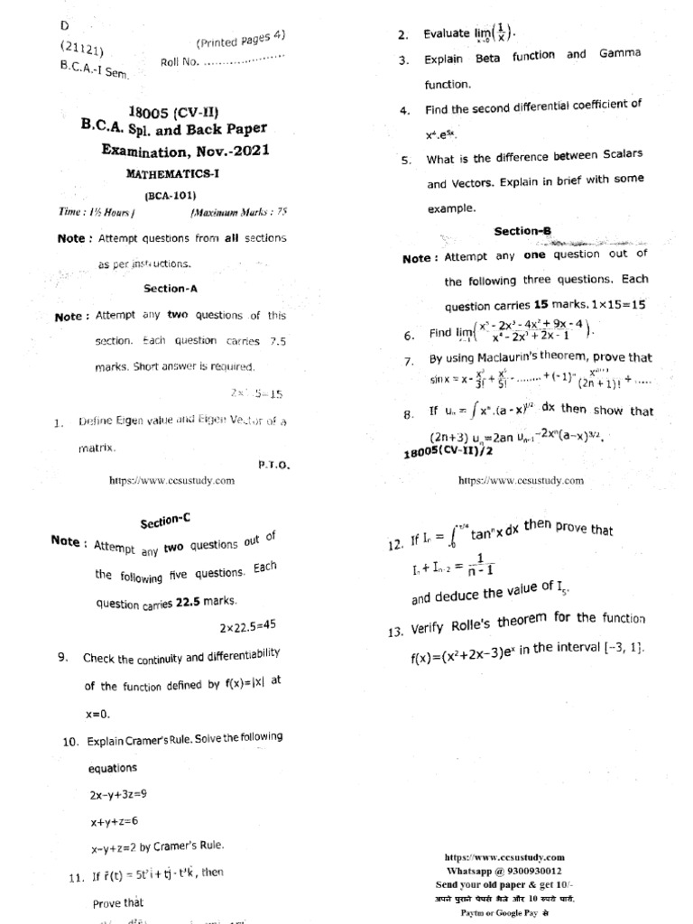BCA 101 Sem Mathematics 1 2021 | PDF