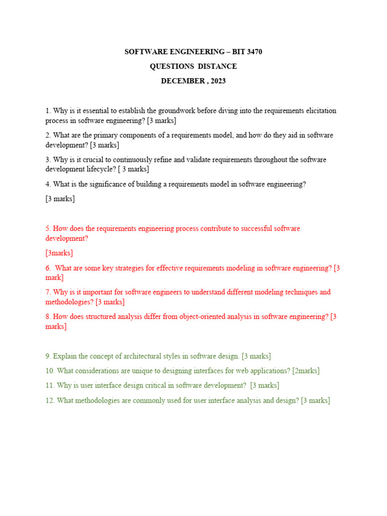 SOFTWARE ENGINEERING Questions For Test 2 Distance 2023 | PDF ...