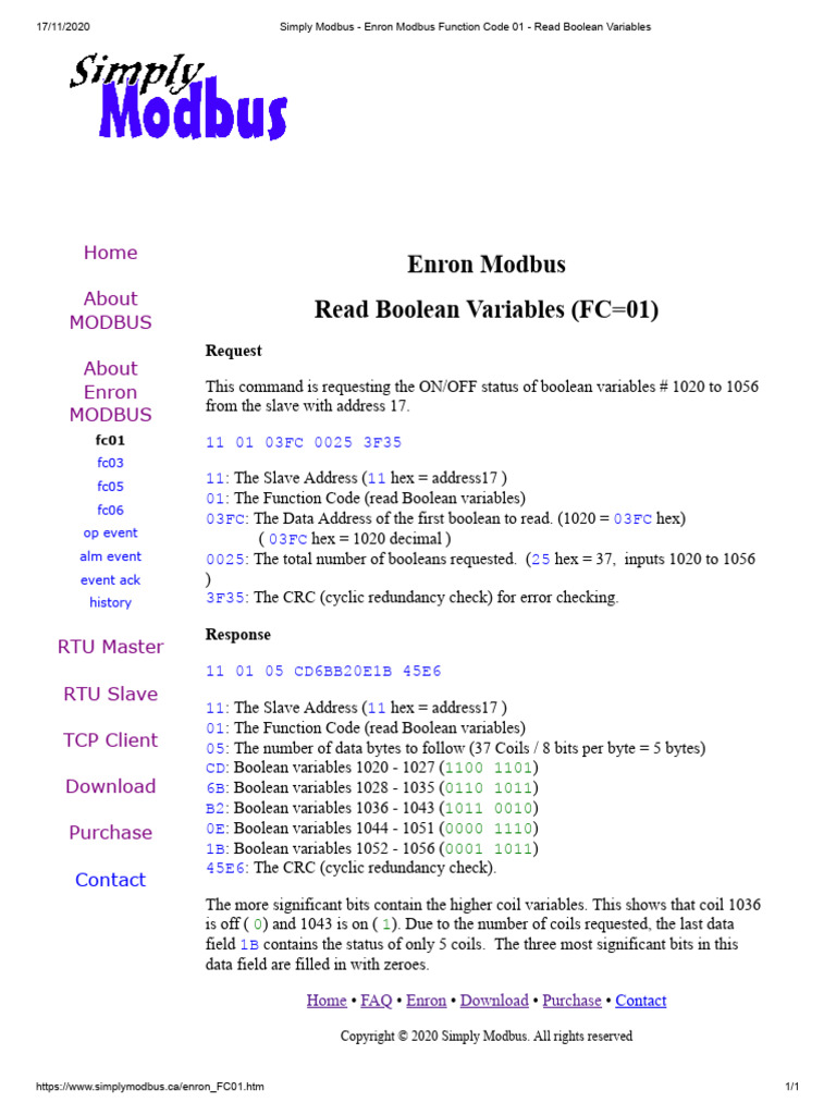 Simply Modbus - Enron Modbus Function Code 01 - Read Boolean Variables | PDF | Networking ...