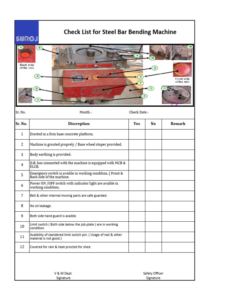 Steel Bar Bending Machine Safety Checklist | PDF