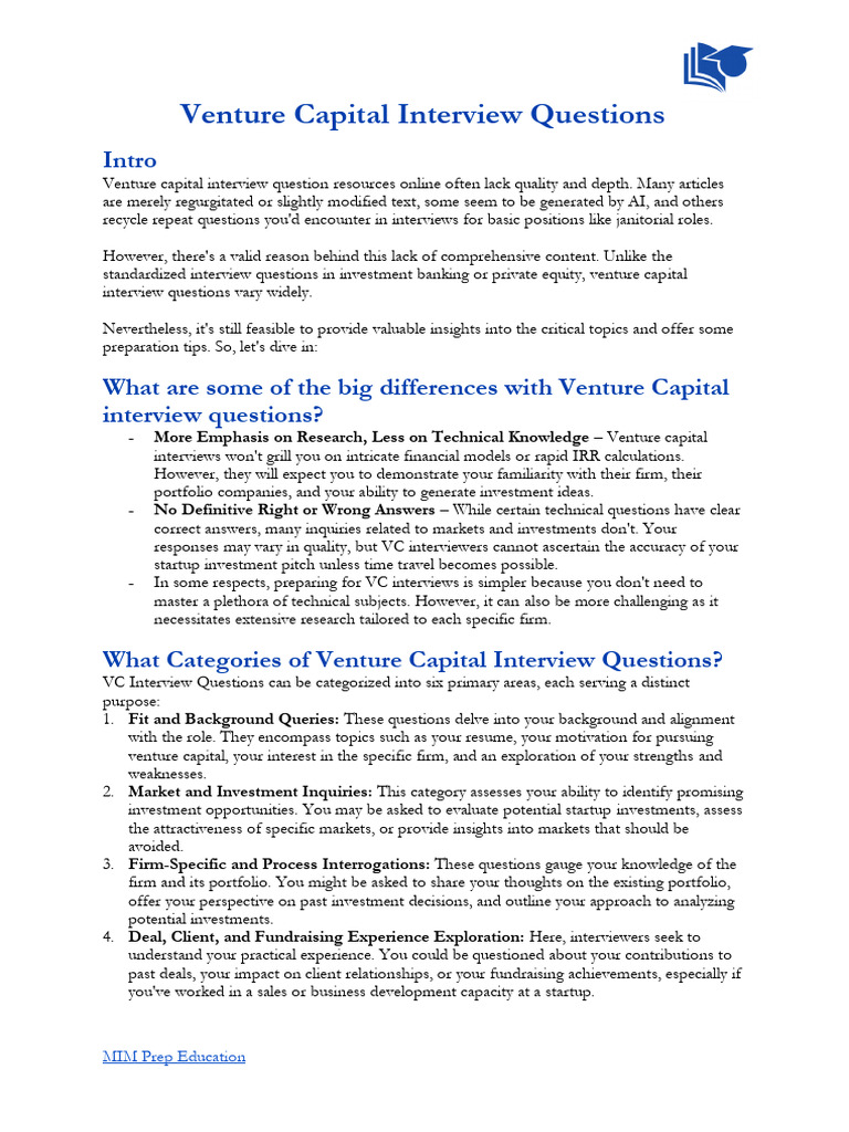 Venture Capital Interview Questions | PDF | Venture Capital | Corporate Finance