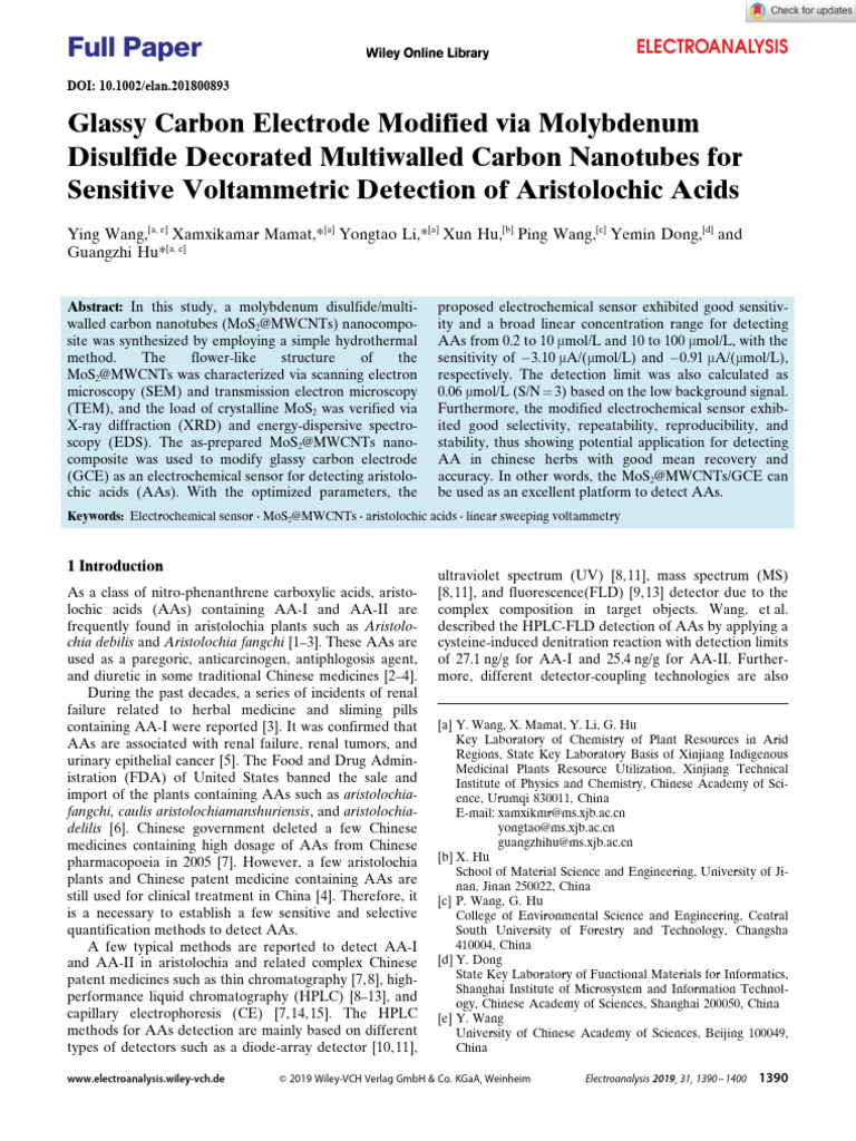 NOTED Electroanalysis Wang - Glassy Carbon Electrode Modified via Molybdenum Disulfide Decorated ...