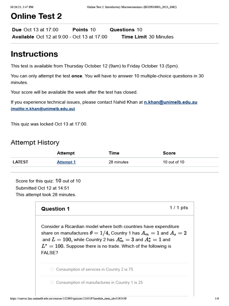 Online Test 2 - Introductory Macroeconomics (ECON10003 - 2023 - SM2 ...