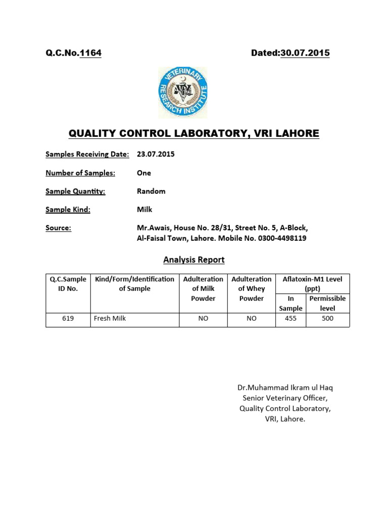 Milk Quality Control Analysis Report | PDF