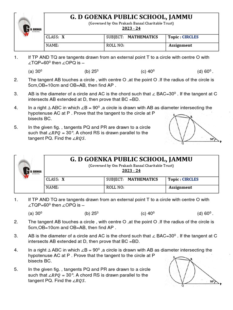 Circles Class X - Worksheet 2 | PDF | Circle | Pi