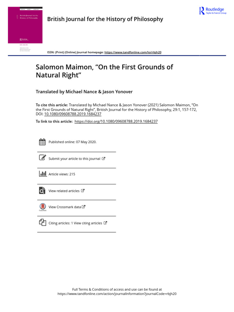 Salomon Maimon On The First Grounds of Natural Right | PDF